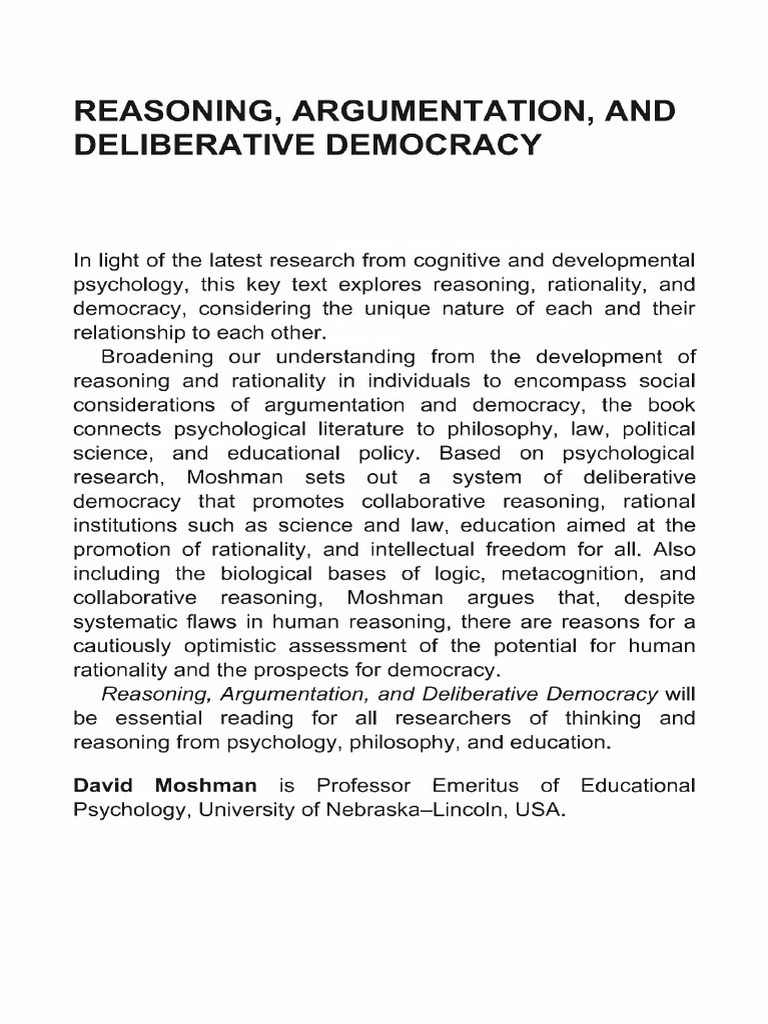 Moshman - 2021 - Reasoning, Argumentation, and Deliberative Democra | PDF | Reason | Rationality