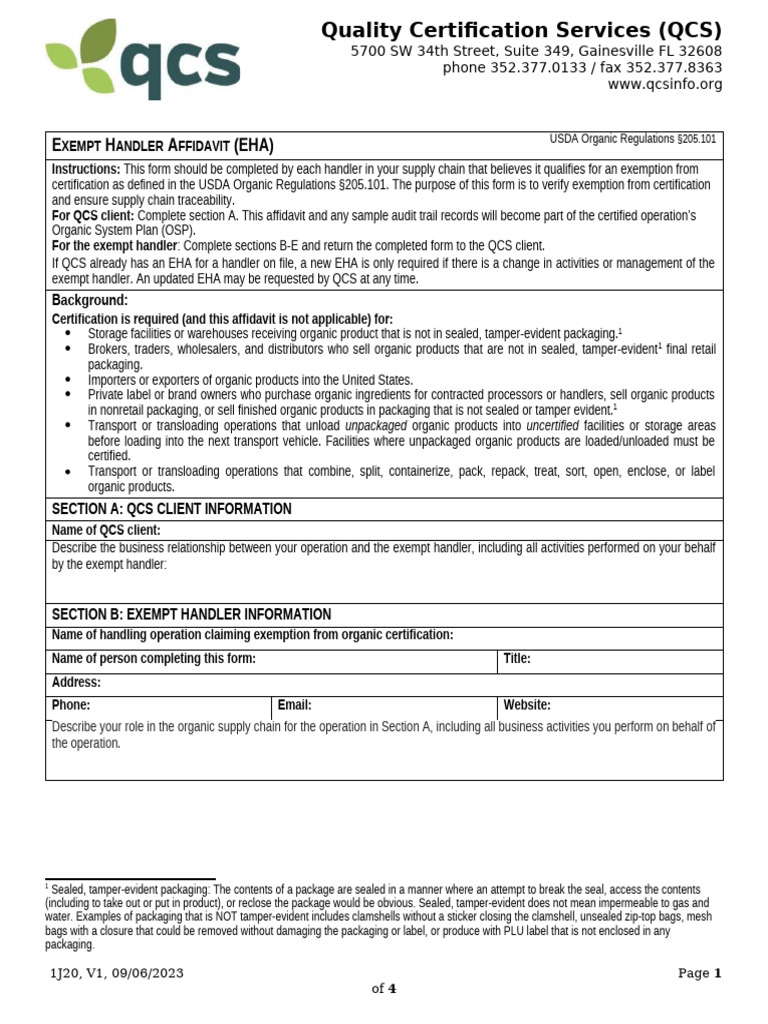 USDA Organic Exempt Handler Affidavit | PDF