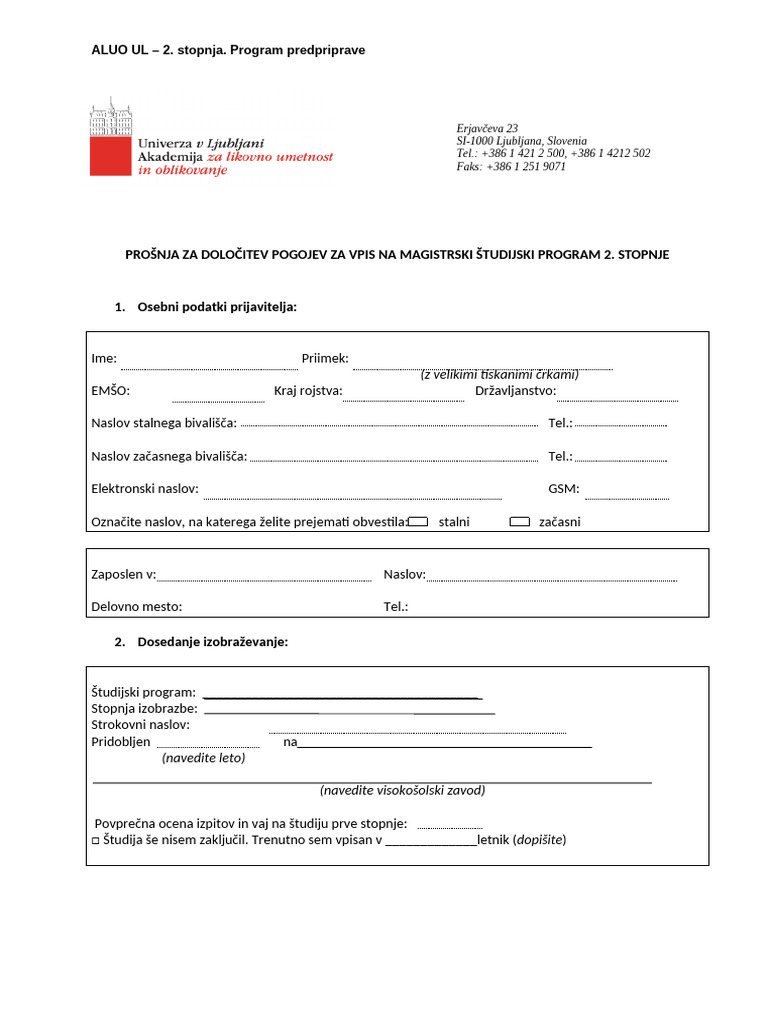 MA Prosnja Za Dolocitev Pogojev Za Vpis Na Magistrski Studijski Program ...