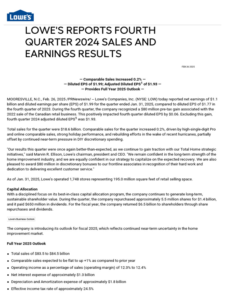 Lowes Reports Fourth Quarter 2024 Sales and Earnings Results 02 26 25 - Feb - 27 - 2025 | PDF ...