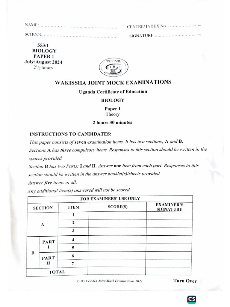 Wakisha Uce Bio p1 2024 | PDF