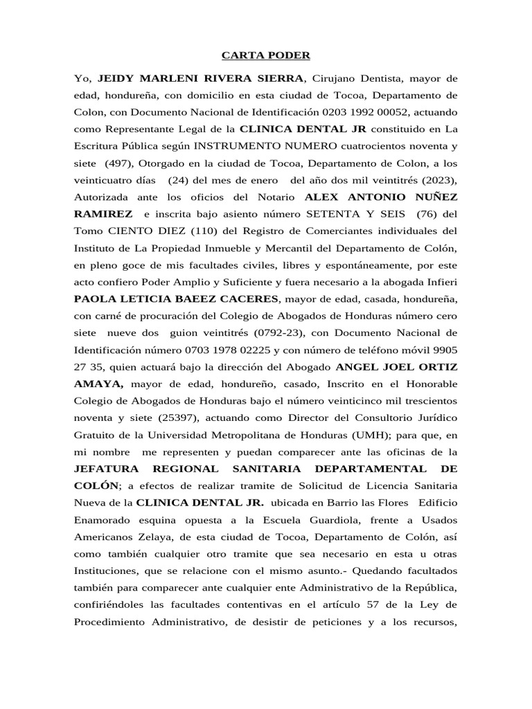 Carta Poder Doctora Geydi | PDF | Honduras