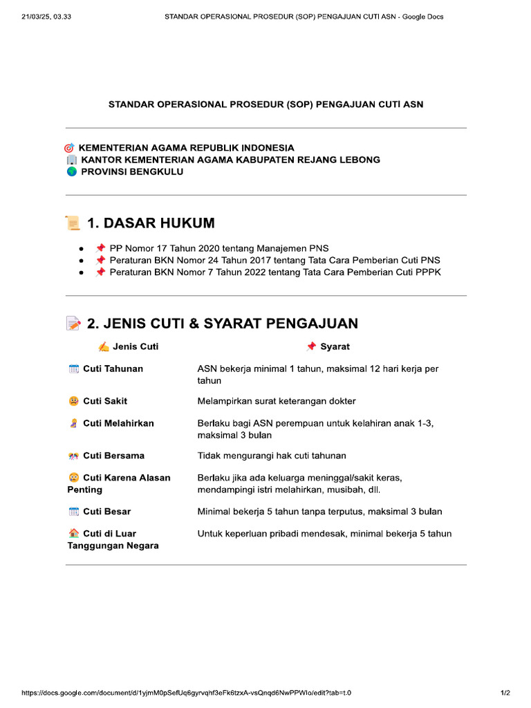 Standar Operasional Prosedur (Sop) Pengajuan Cuti Asn | PDF