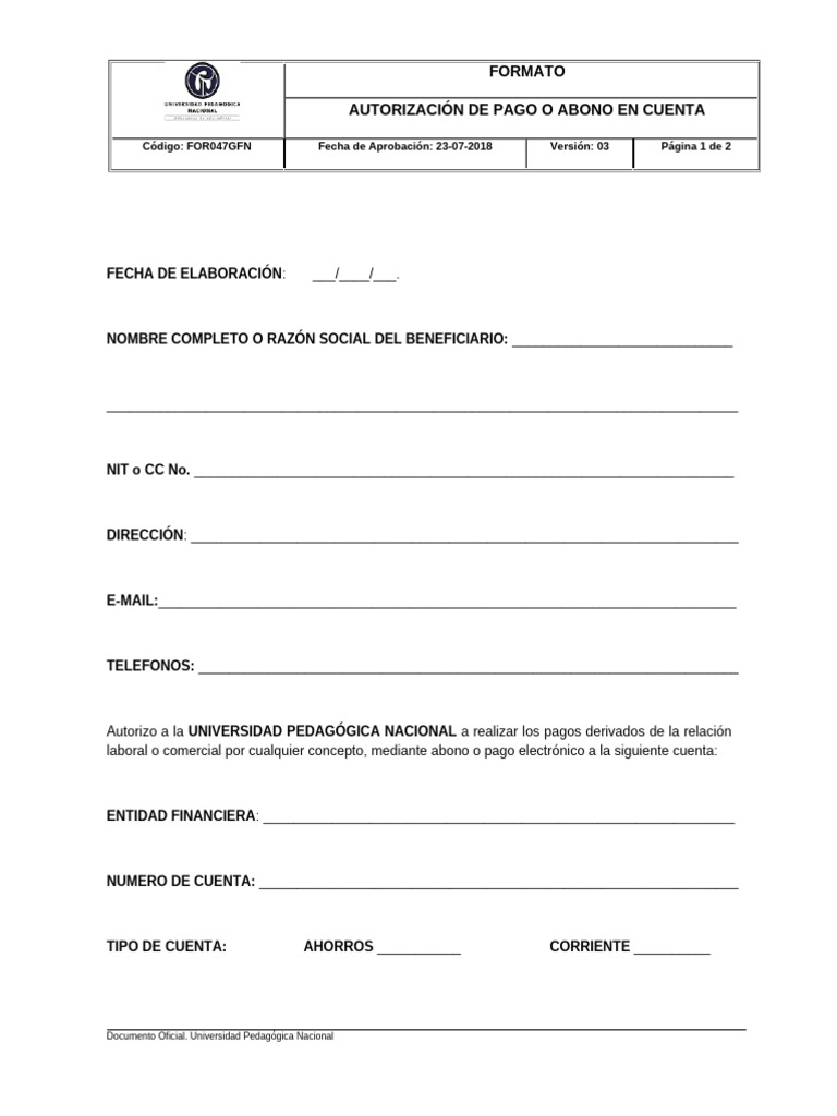 FOR047 GFNAutorizacinde Pagoo Abonoen Cuenta | PDF