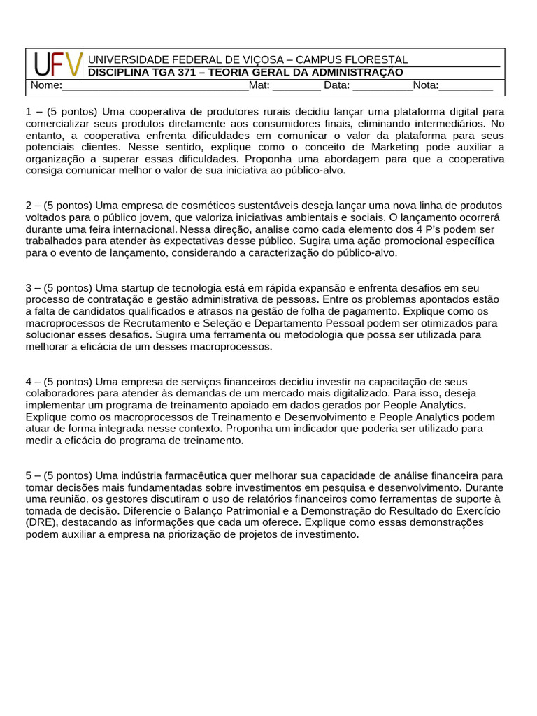 Prova - TGA 371 - Prova Remota 2 | PDF | Marketing | Cooperativa