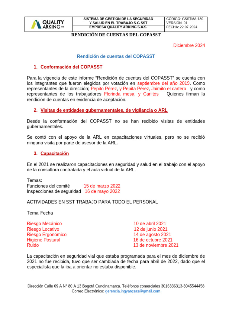 Rendición de Cuentas COPASST 2024 | PDF