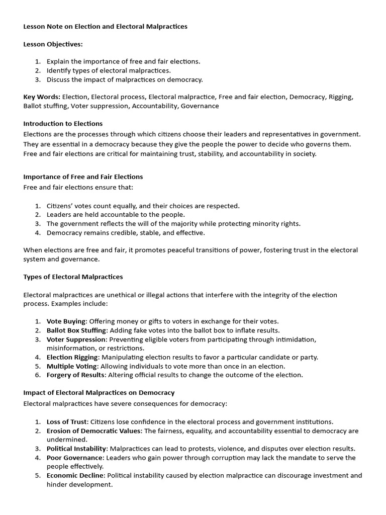 Lesson Note On Election and Electoral Malpractices Year 9 | PDF ...