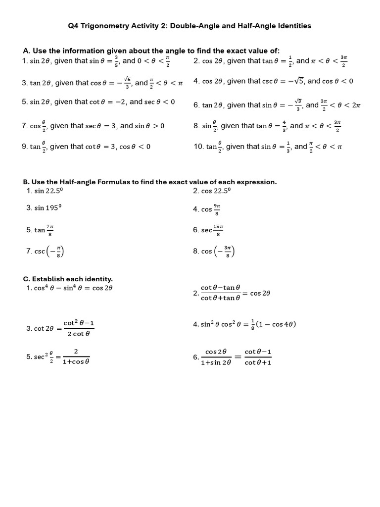 Trigonometry Double & Half-Angle Identities | PDF | Elementary ...