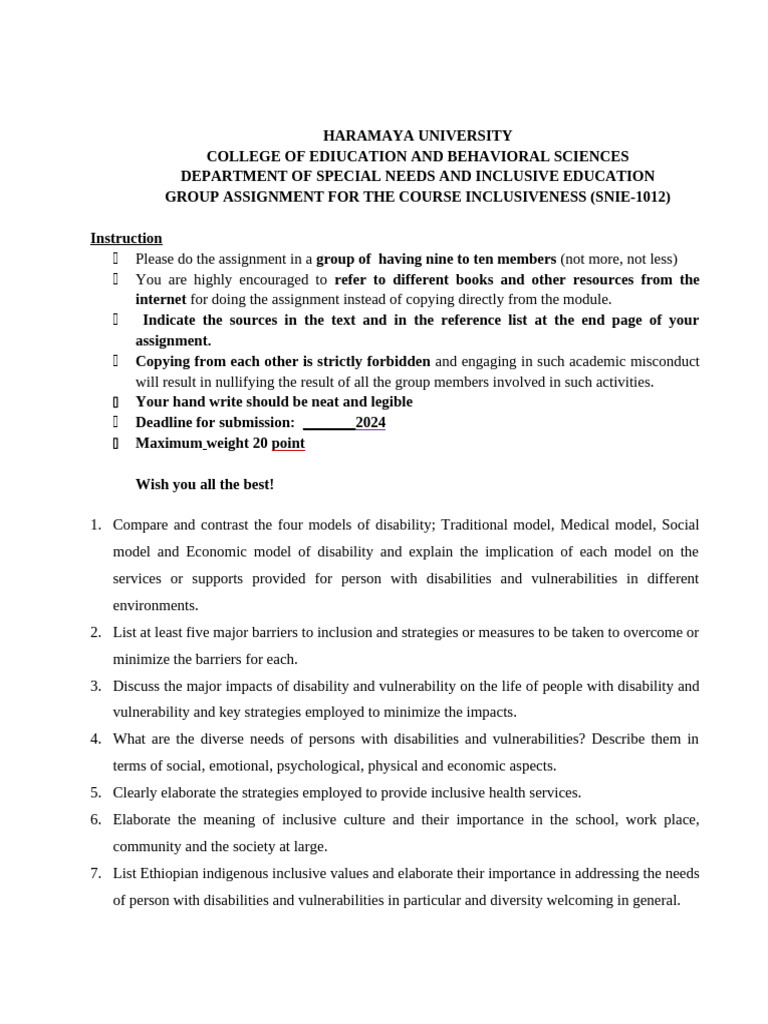 Group Assignment For Course Inclusiveness (SNIE 1012) | PDF | Disability | Inclusion (Education)
