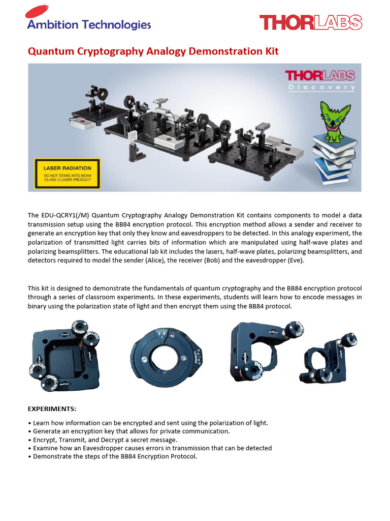 Quantum Cryptography Analogy Demonstration Kit Datasheet | PDF