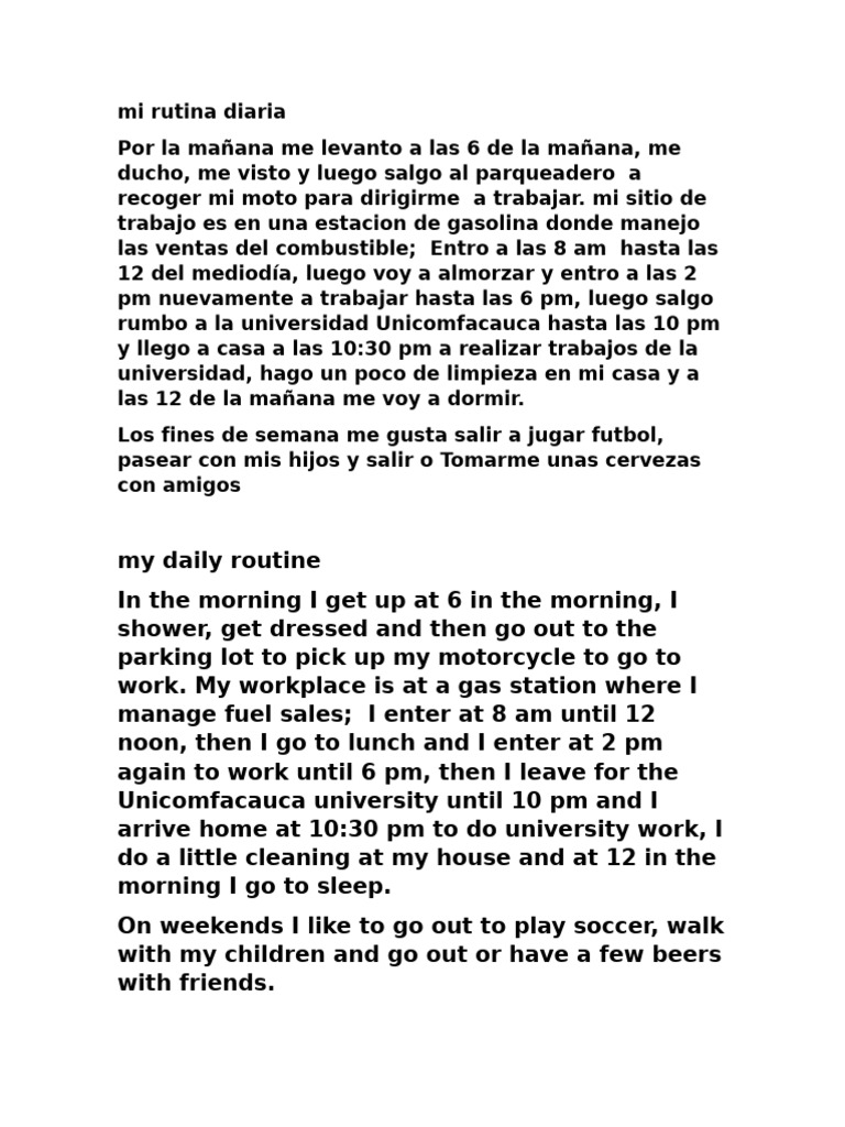 Mi Rutina Diaria Ingles | PDF
