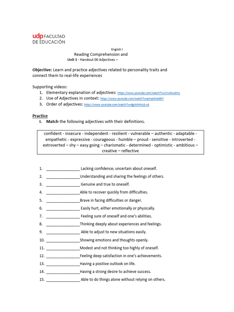 01 - Unit 1 - Language in Use - Adjectives - 4497034 | PDF | Extraversion And Introversion | Feeling