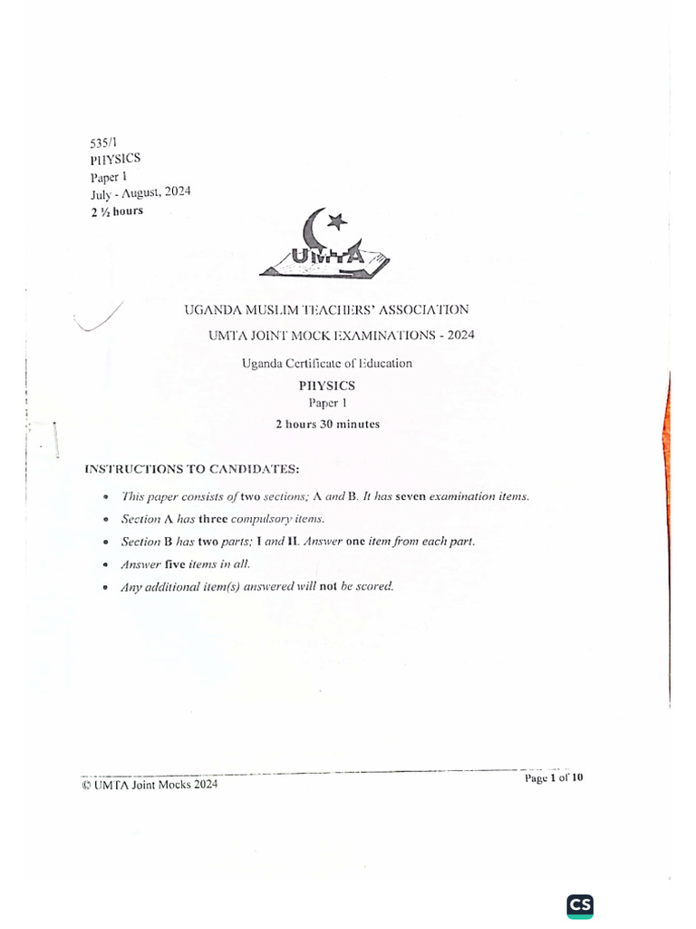 Umta Uce Phy 1 2024 | PDF