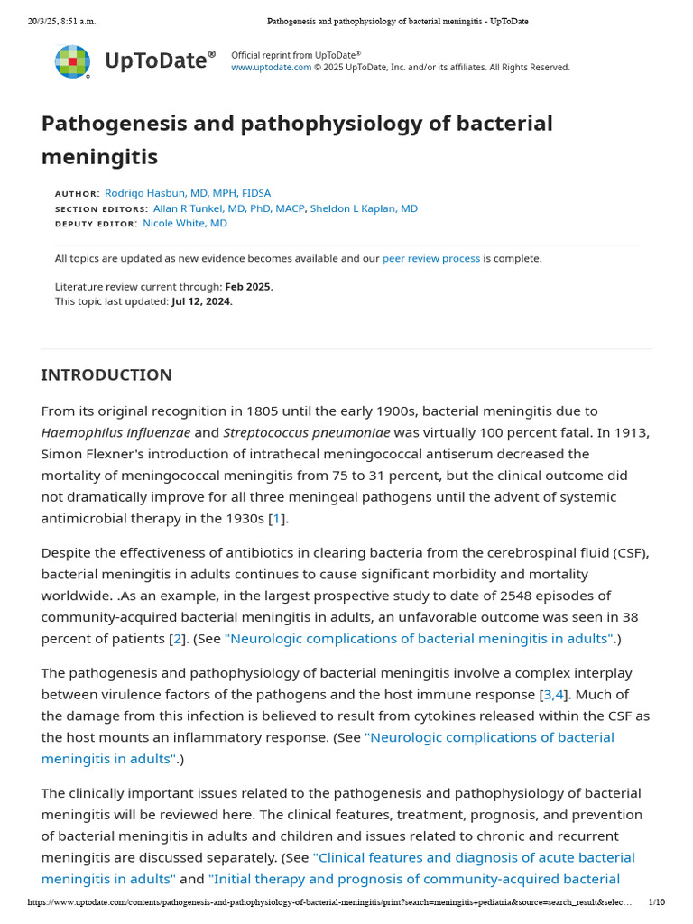 Pathogenesis and Pathophysiology of Bacterial Meningitis - UpToDate | PDF | Meningitis ...