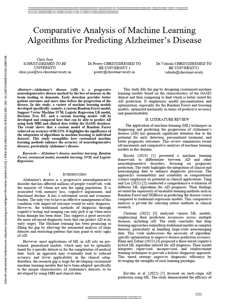 Comparative Analysis of Machine Learning Algorithms For Predicting Alzheimers Disease | PDF ...