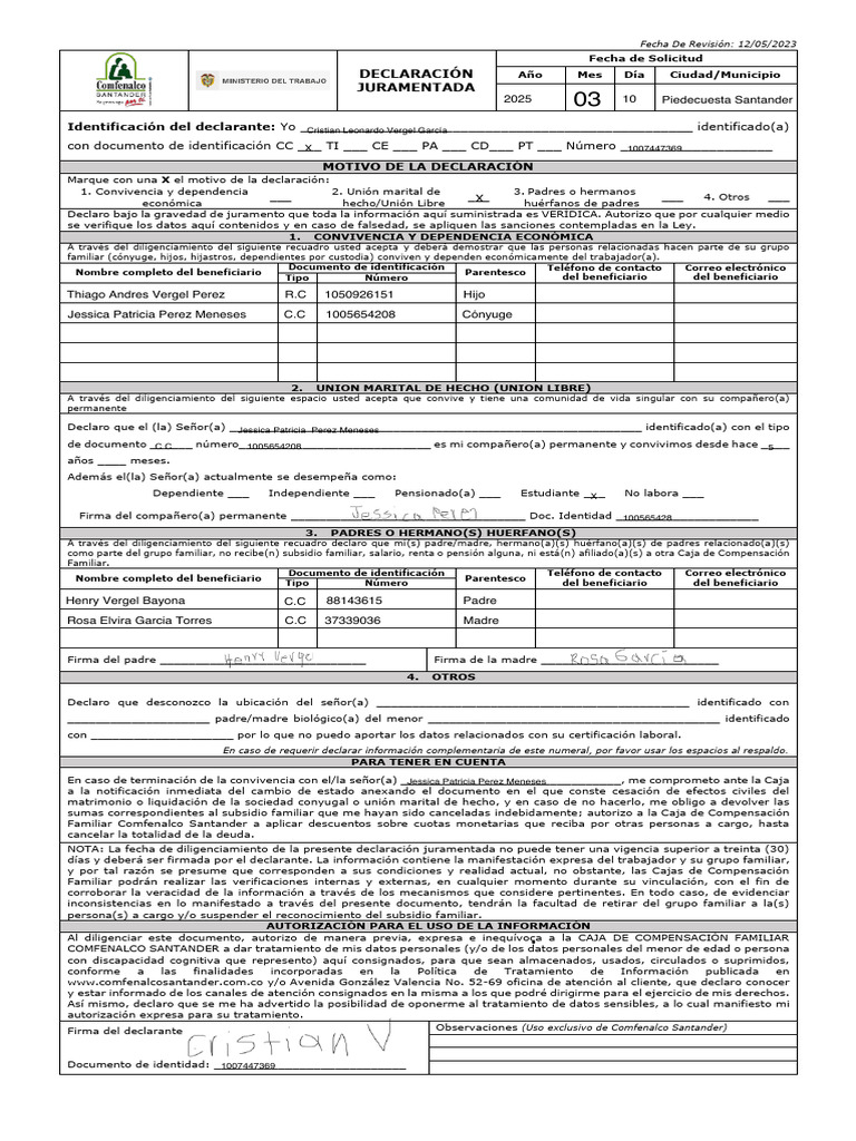 Declaracion Juramentada 2023-LIMPIO COMFENALCO | PDF | Asociación doméstica | Instituciones sociales