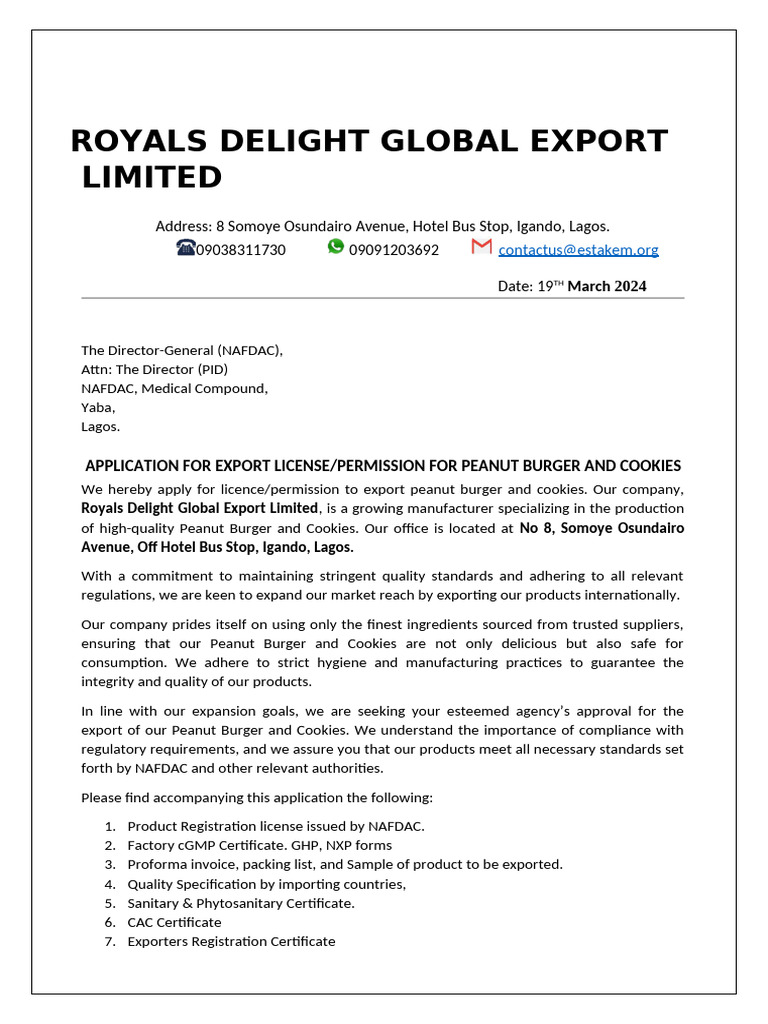 NAFDAC Export License Application for Snacks | PDF