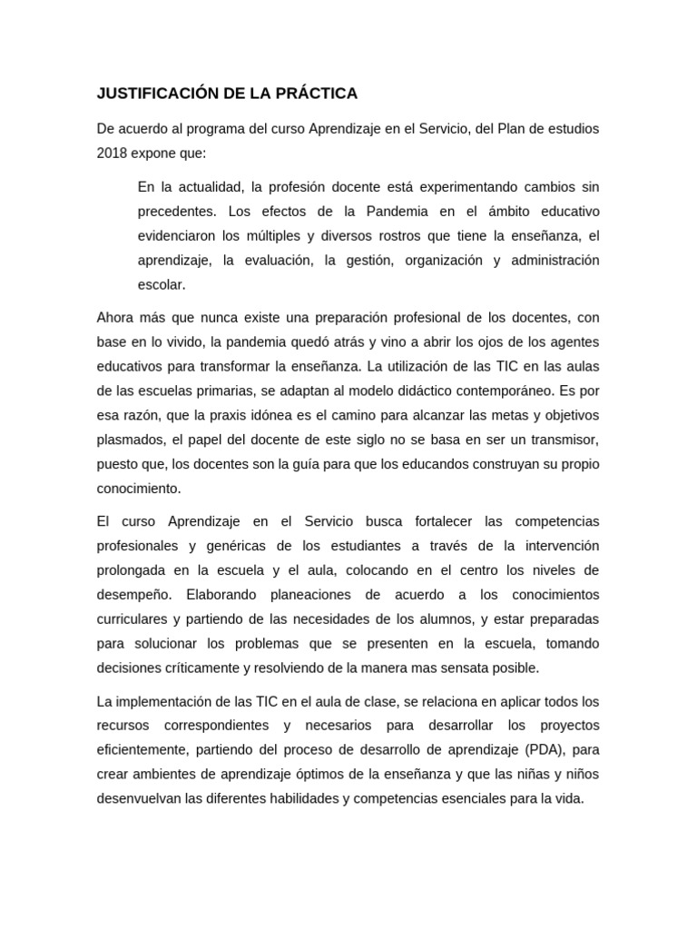 Justificación de La Práctica | PDF | Enseñando | Maestros
