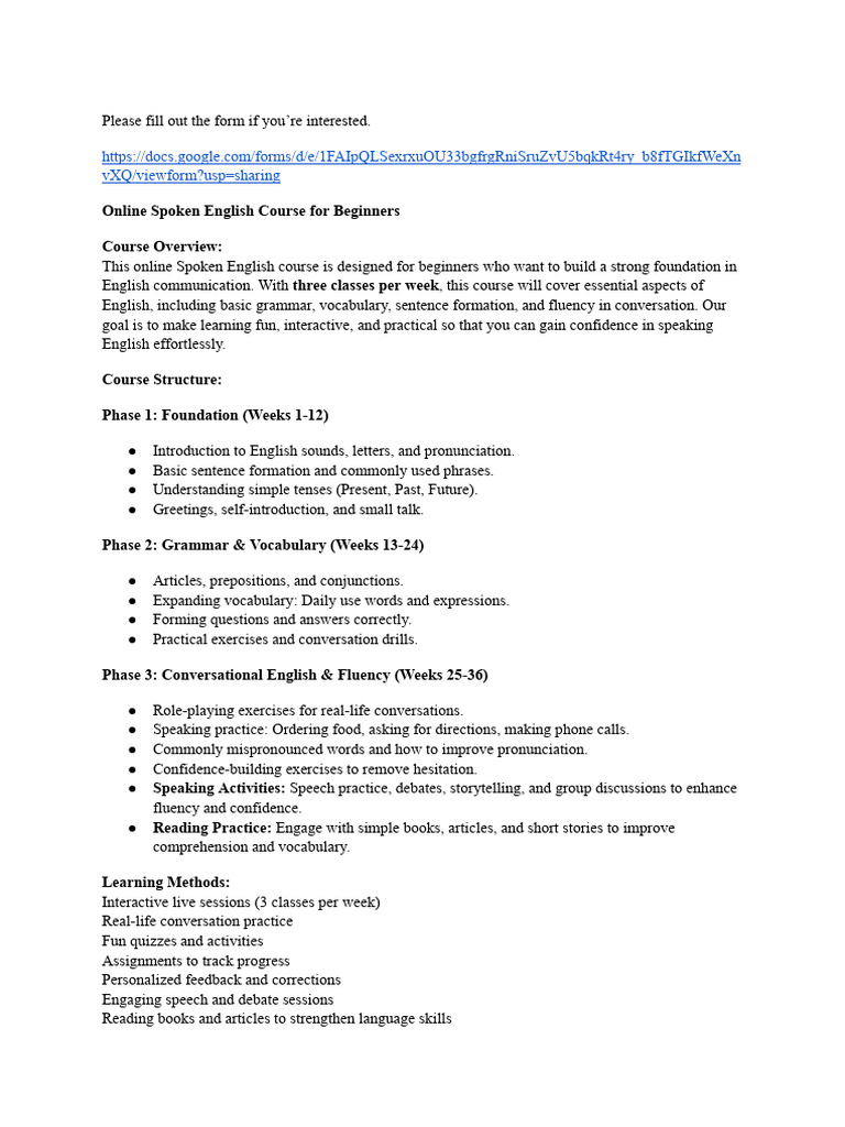 Online Spoken English Course For Beginners | PDF | English Language ...
