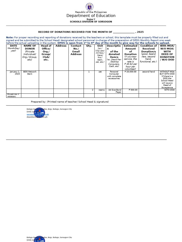 Donation Record Template for Schools | PDF