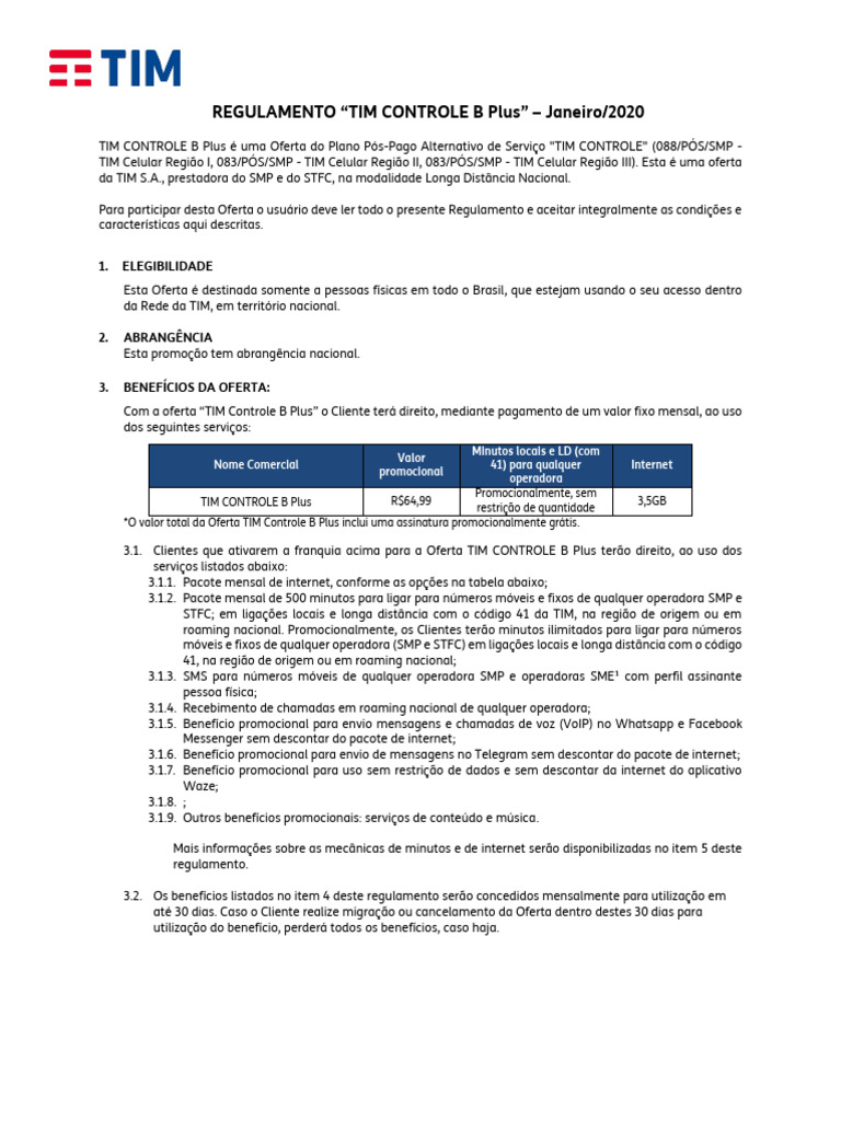 Regulamento TIM Controle B Plus 31.01.20 | PDF | Internet | Voz sobre ...