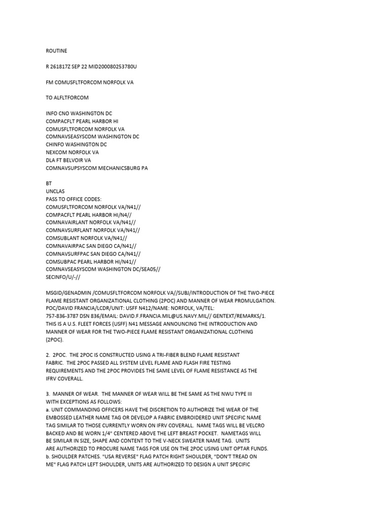 261817Z SEP 22 2POC Manner of Wear Promulgation | PDF | Military ...