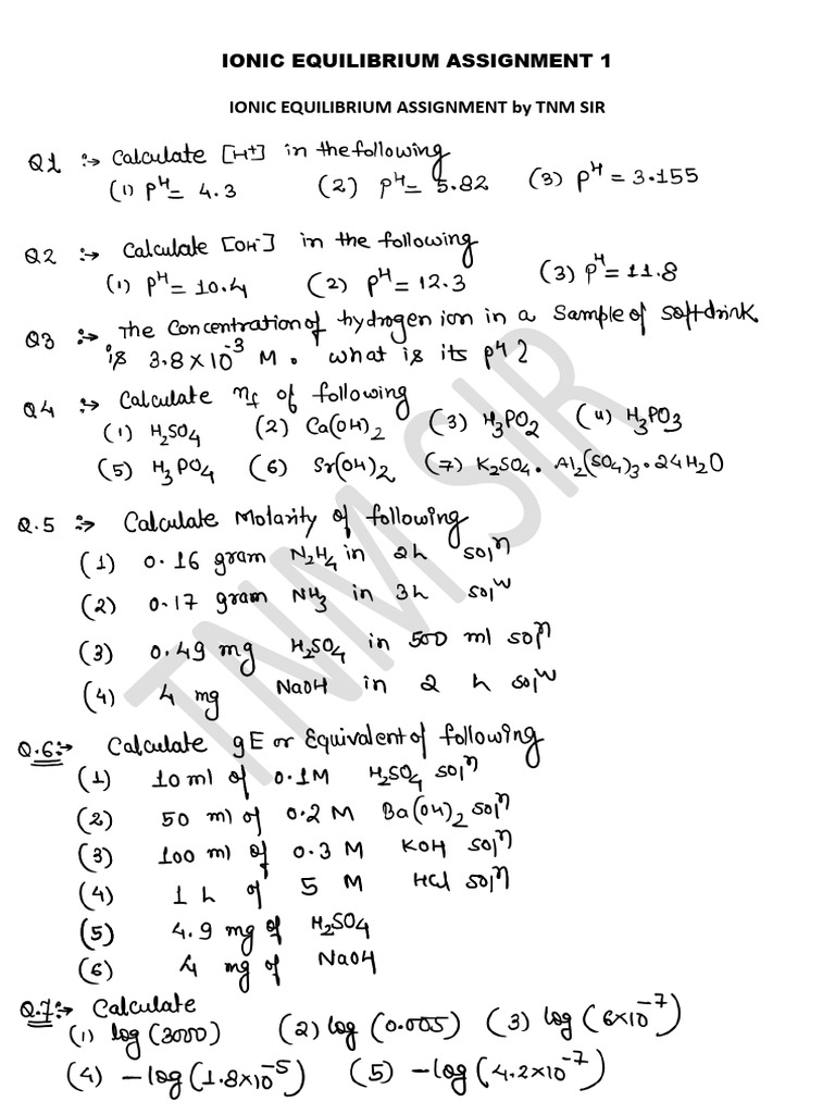 IONIC EQUILIBRIUM ASSIGNMENT 1 by TNM SIR | PDF