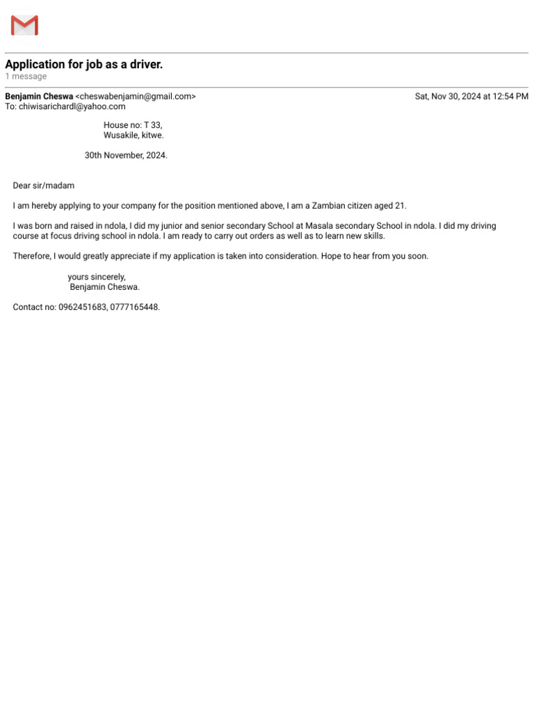 Gmail - Application For Job As A Driver. | PDF