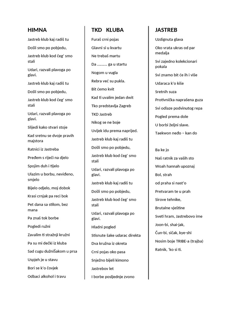 Himna TKD Kluba Jastreb | PDF