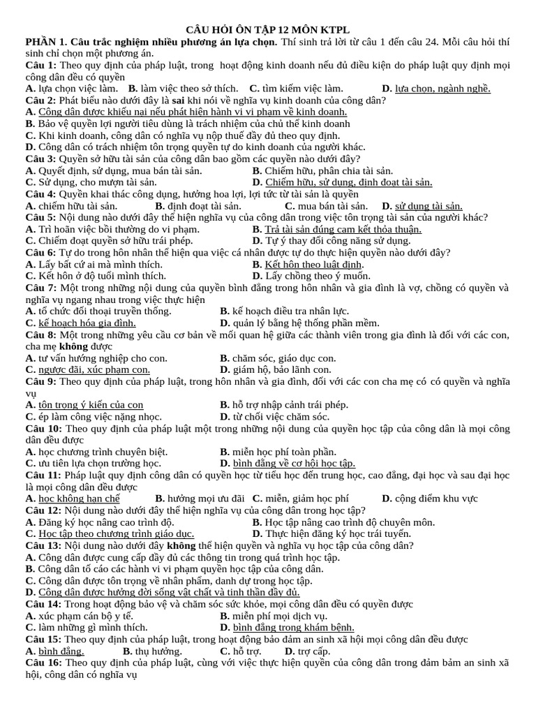 CÂU HỎI ÔN TẬP GK 2 LỚP 12 MÔN KTPL | PDF