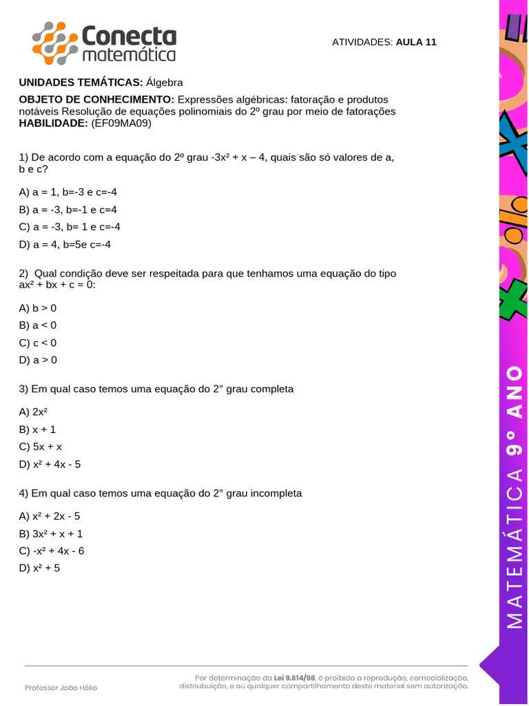 ATIVIDADE 11 Equacao Do 2deg Grau Parte 01 | PDF