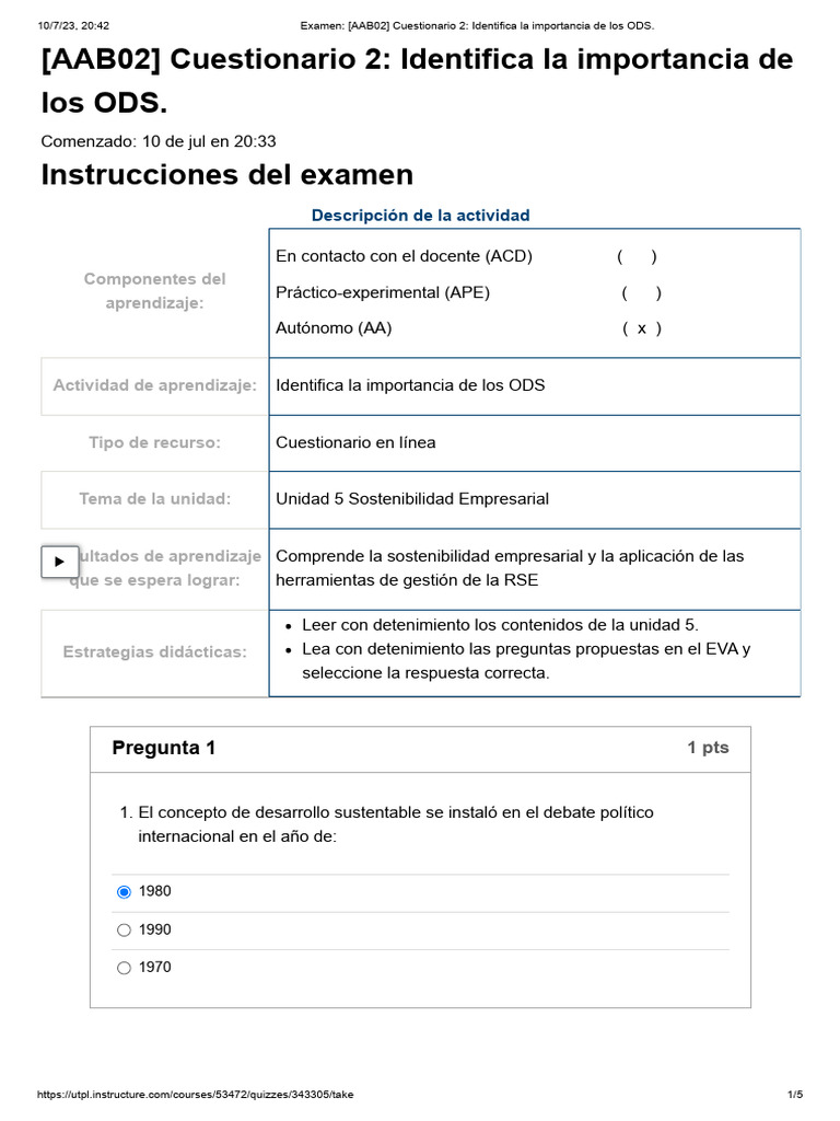 Examen - (AAB02) Cuestionario 2 - Identifica La Importancia de Los ODS - Sobre 10 | PDF ...