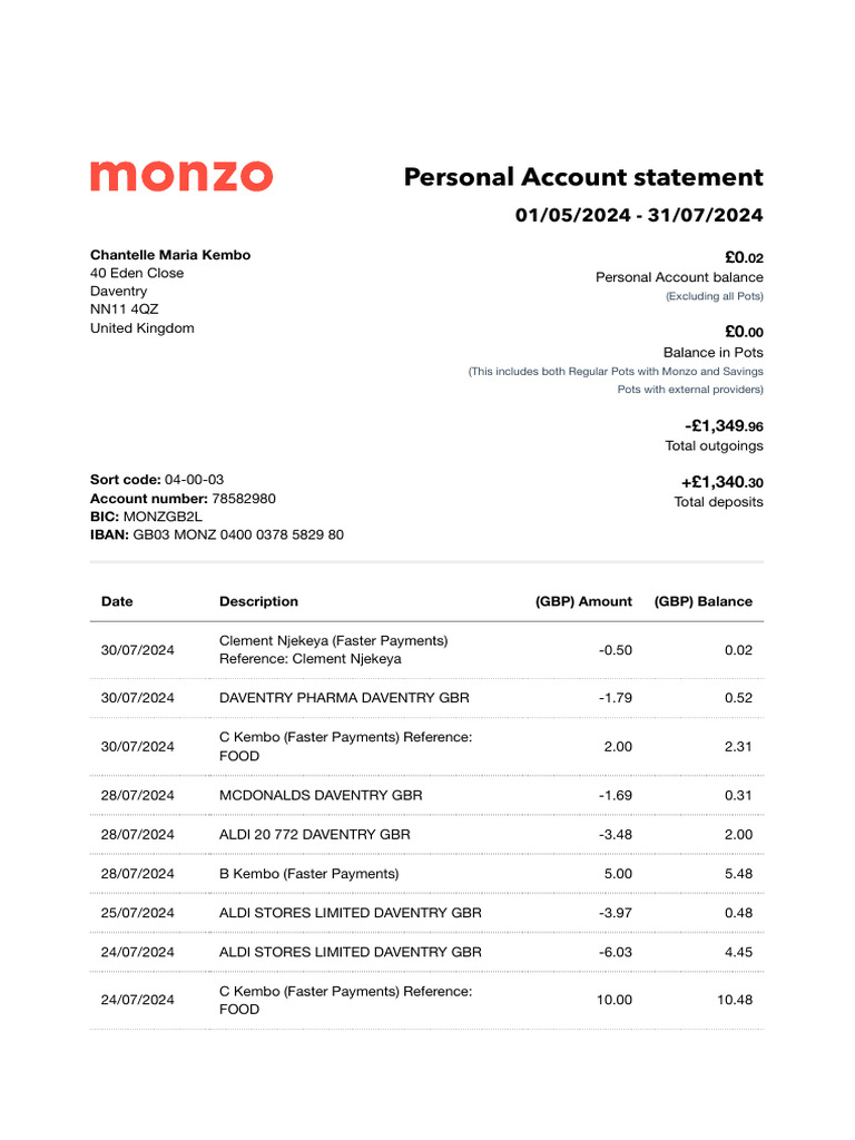 Monzo - Bank - Statement - 2024 05 01 2024 07 31 - 1305 | PDF | Deposit ...