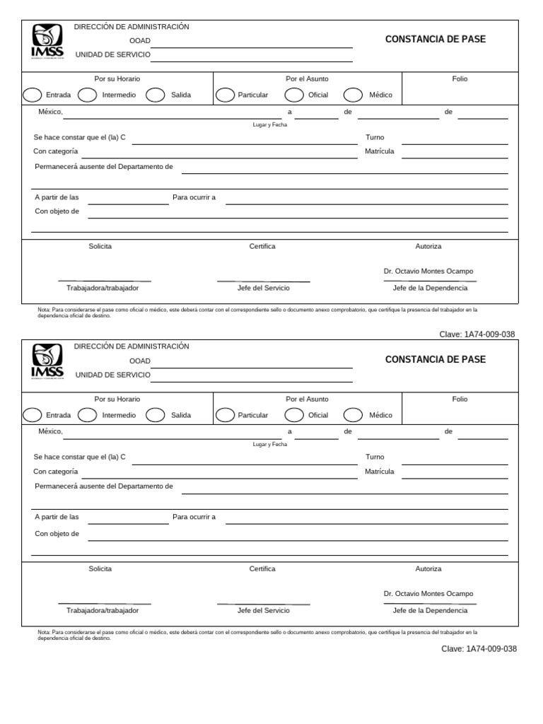 CONSTANCIA DE PASE Imss | PDF