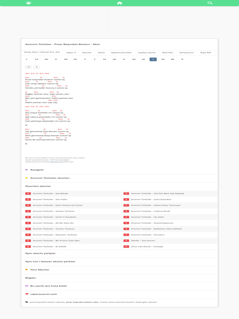 Anonim Türküler - Pınar Başından Bulanır - Akor (Kolay ve Orjinal Ton) | PDF