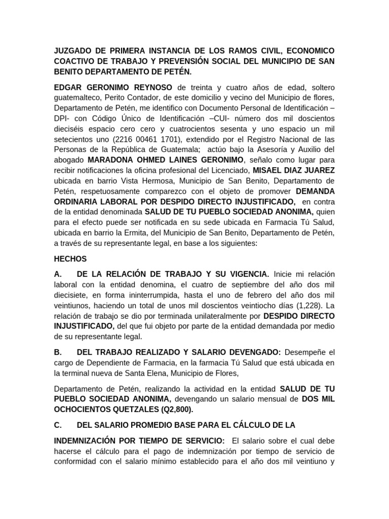DEMANDA ORDINARIA LABORAL POR DESPIDO DIRECTO INJUSTIFICADO (1) | PDF ...