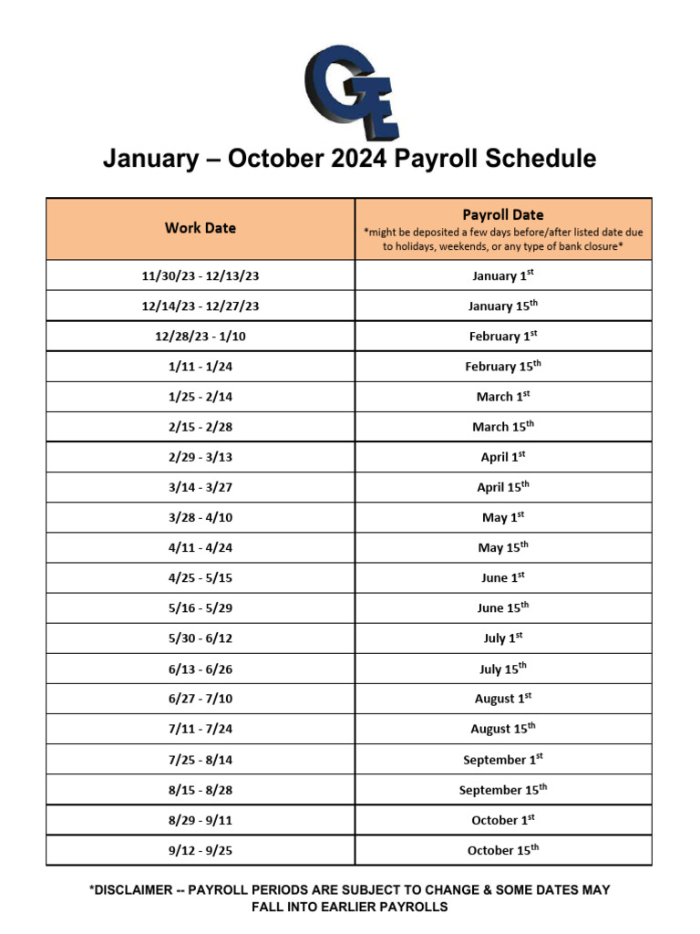 January – October 2024 Payroll Schedule | PDF