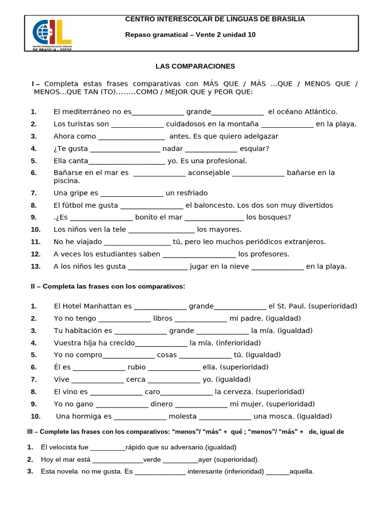 Ejercicios de Comparativos en Español | PDF
