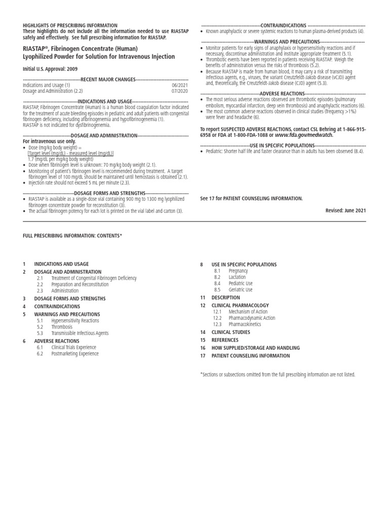 Recombinant Fibrinogen Concentrate | PDF | Thrombosis | Dose (Biochemistry)