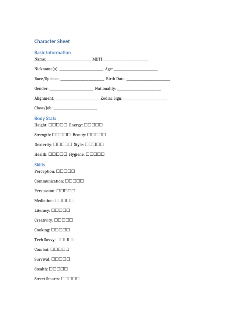 Character Sheet Template for RPGs | PDF