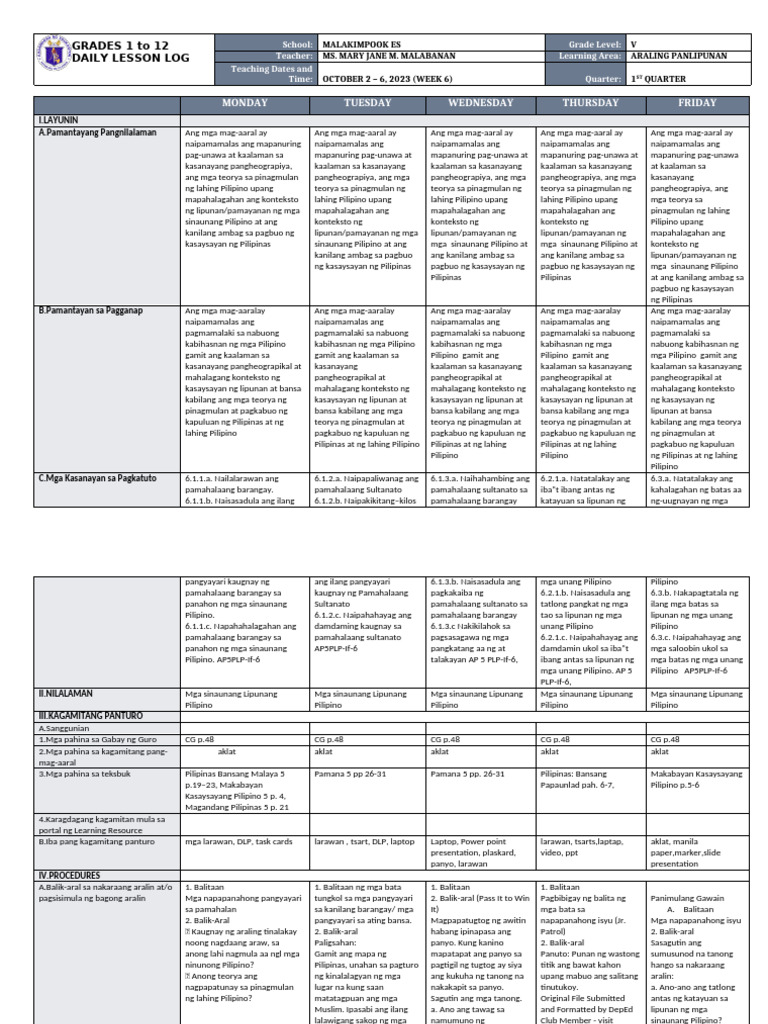 DLL_ARALING PANLIPUNAN 5_Q1_W6 | PDF