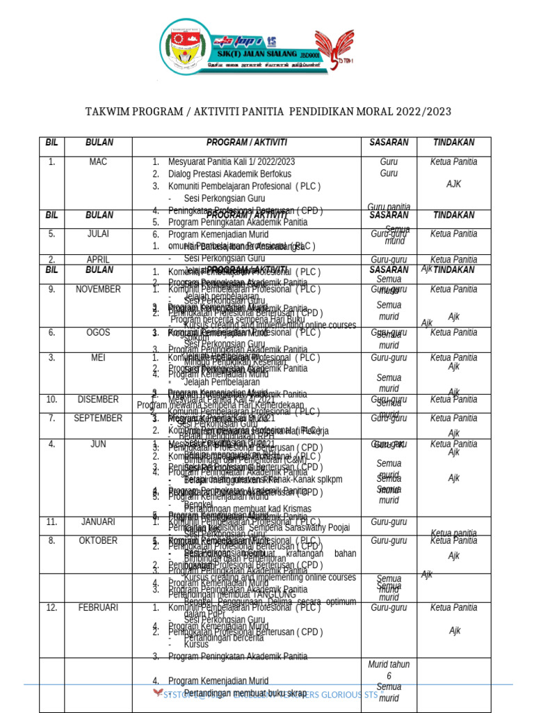 Takwim Program Panitia Pendidikan Moral 2022 | PDF