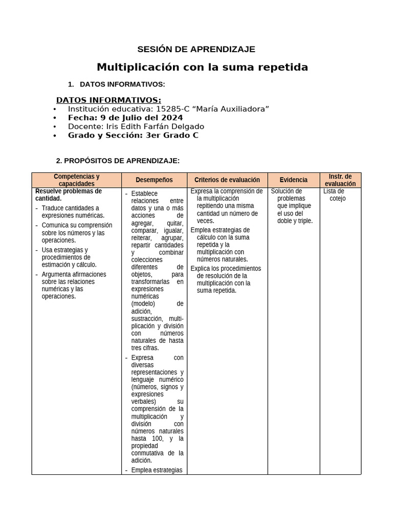 Sesión Matematica Multiplicación Con La Suma Repetida | PDF ...