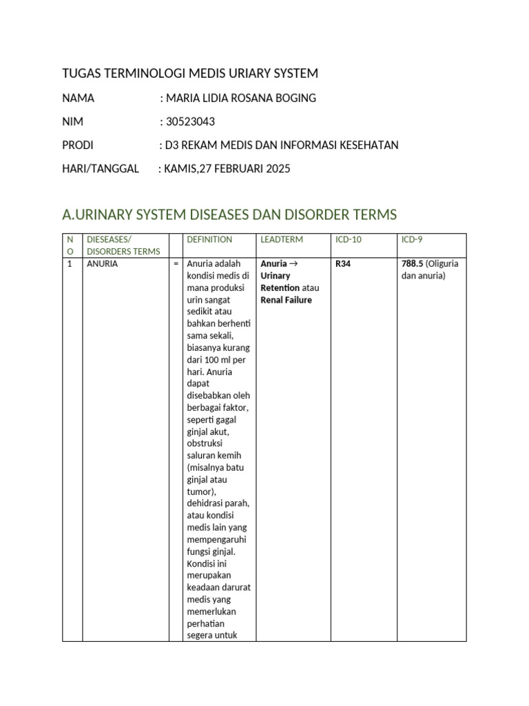 Tugas Terminologi Medis Uriary System, Maria Lidia Semester 4 | PDF
