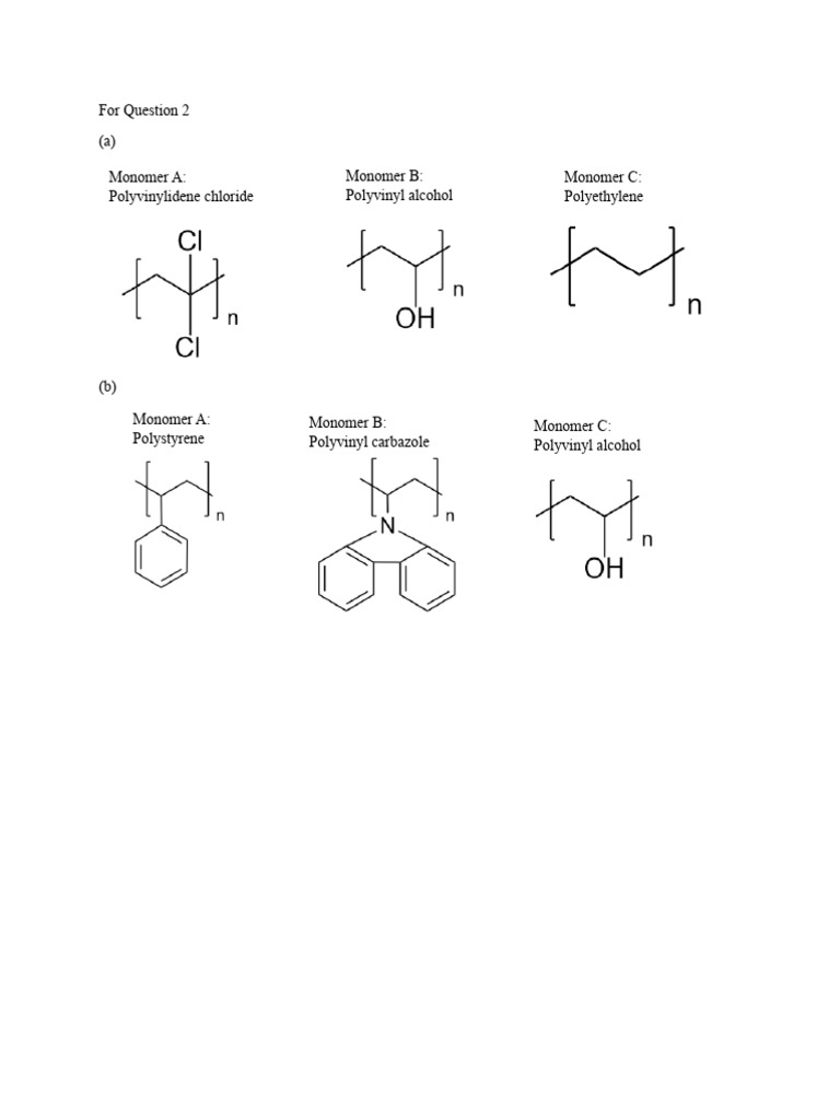 For Question 2 (A) Monomer C: Polyethylene Monomer B: Polyvinyl Alcohol ...