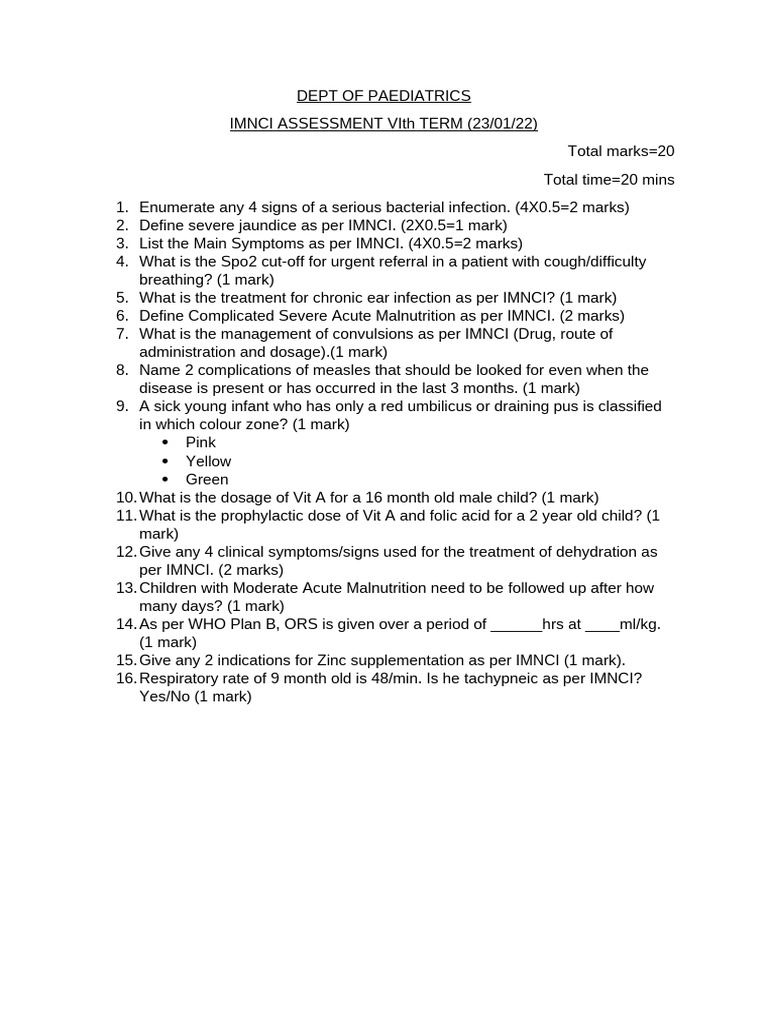 IMNCI Assessment for Pediatric Care | PDF