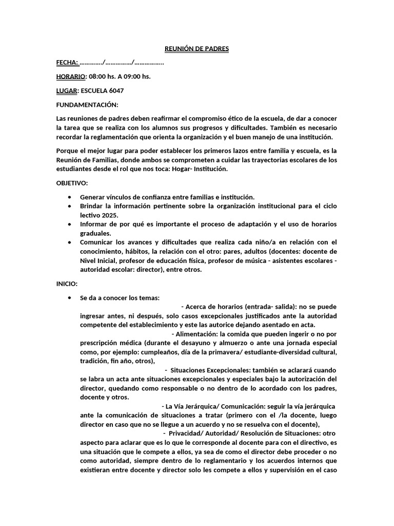 Reunión de Padres: Compromiso Escolar | PDF | Educación de la primera ...