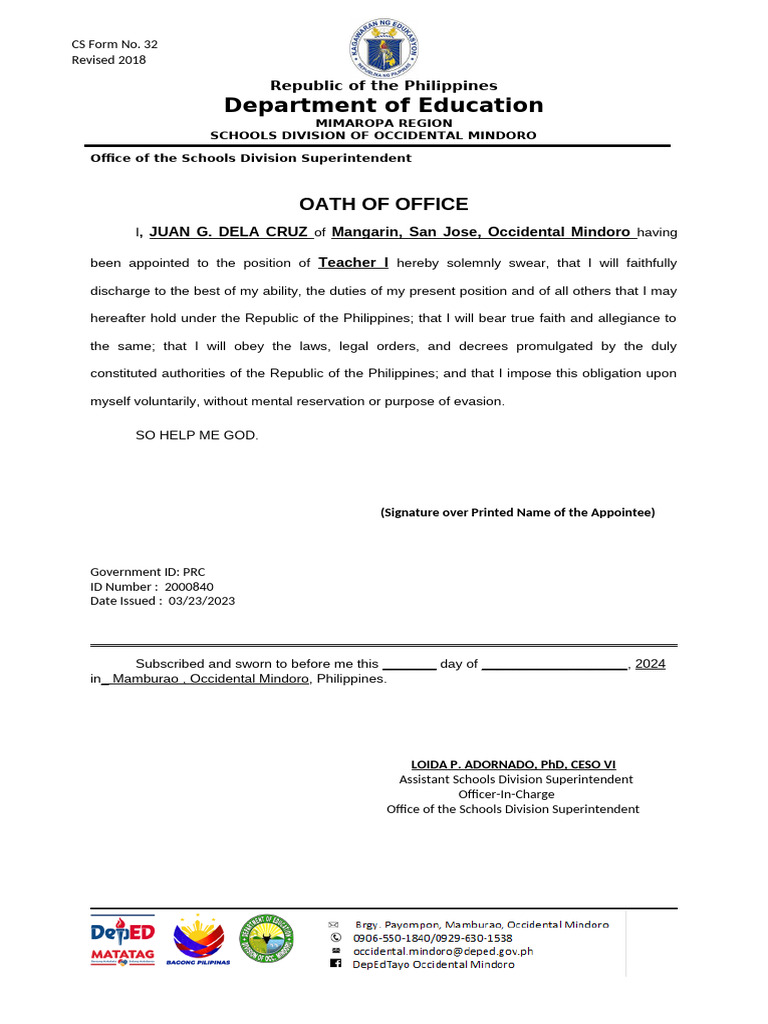 OATH & ASSUMPTION FORM | PDF | Oath Of Office | Social Institutions