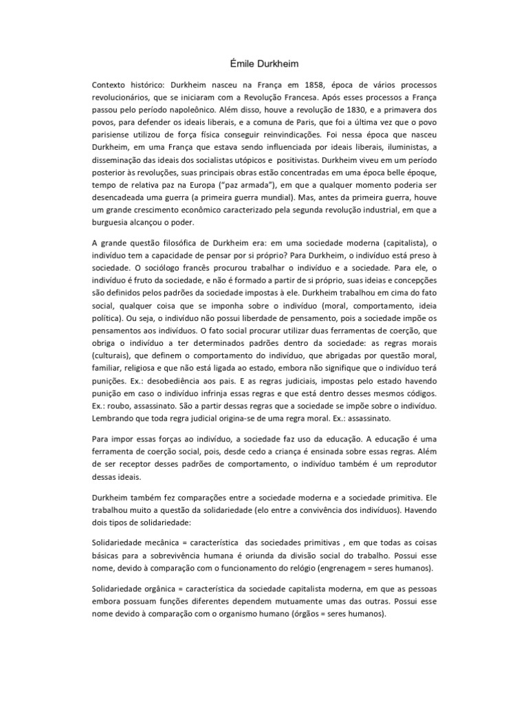 émile Durkheim Resumo Pdf