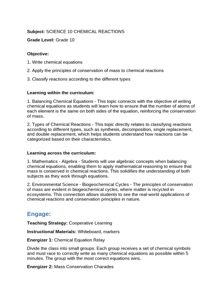 Science 10 LP Q4 - Chemical Reactions | PDF | Chemistry | Chemical ...